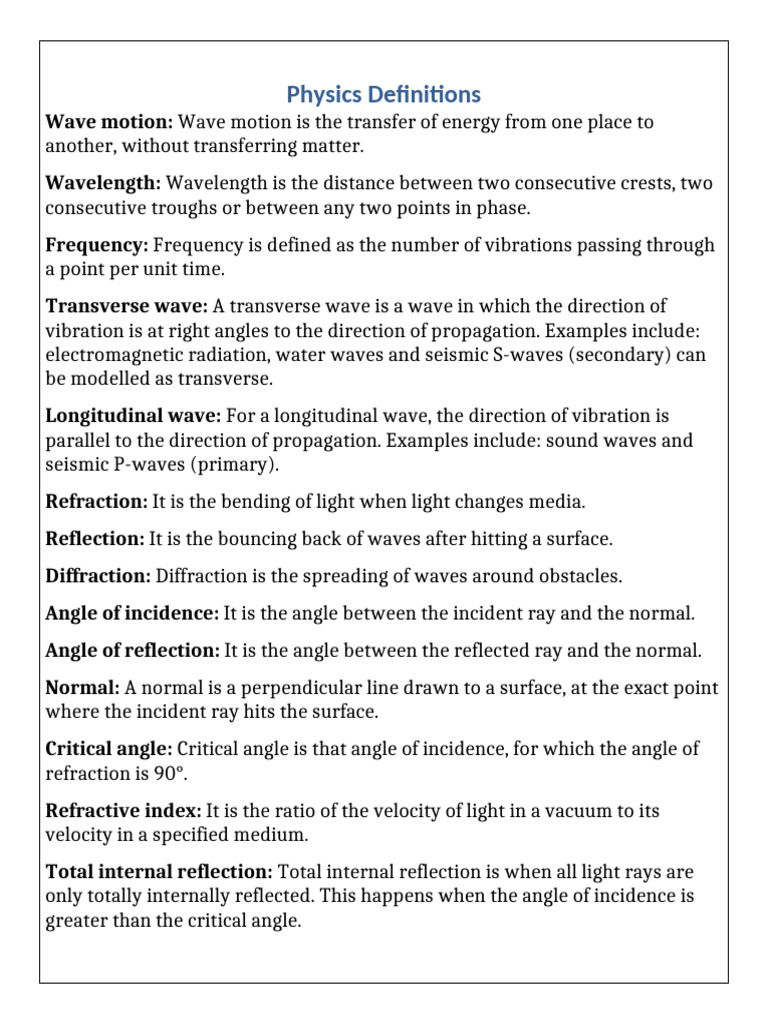 Essential Physics Wave Definitions | PDF | Waves | Reflection (Physics)