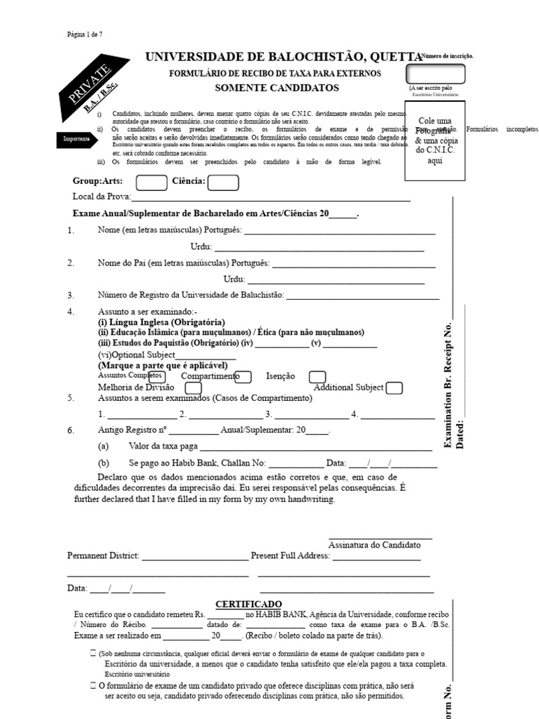 Formulário B.A. e B.Sc. Da UoB (Estudantes Privados) | PDF | Diploma de ...