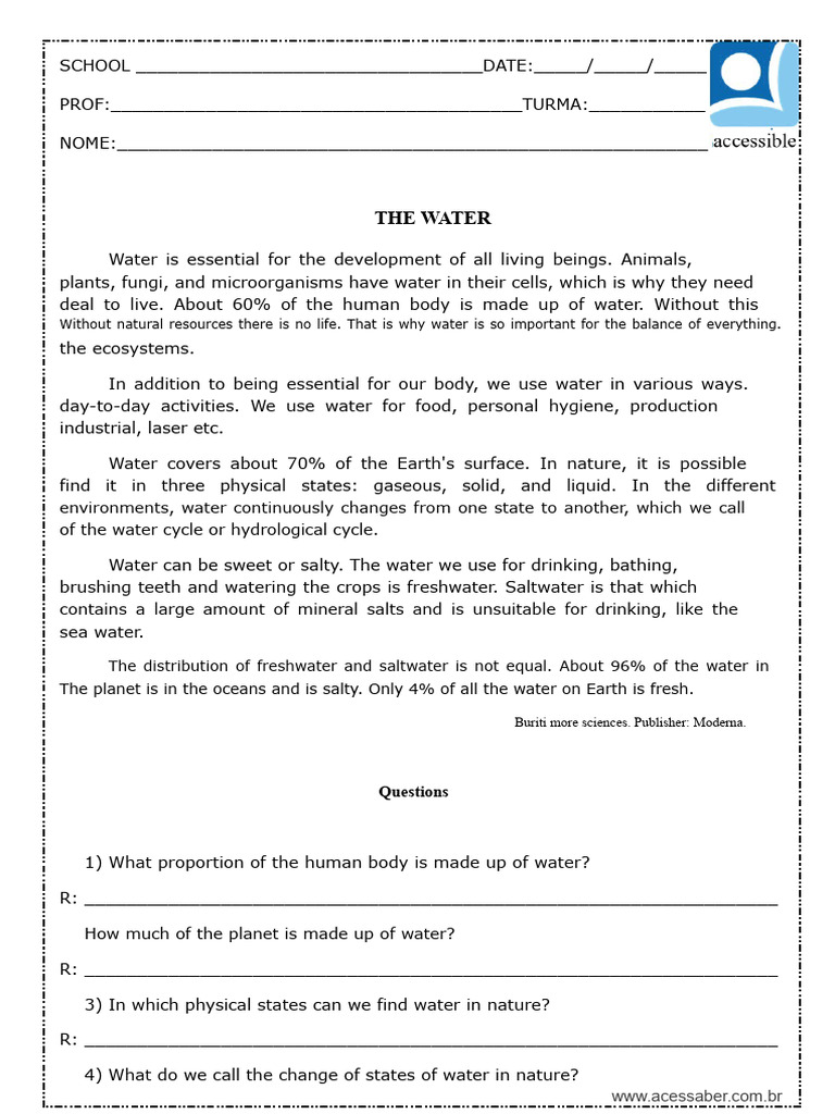 Science Activity on Water for 4th and 5th Grades | PDF | Water | Seawater