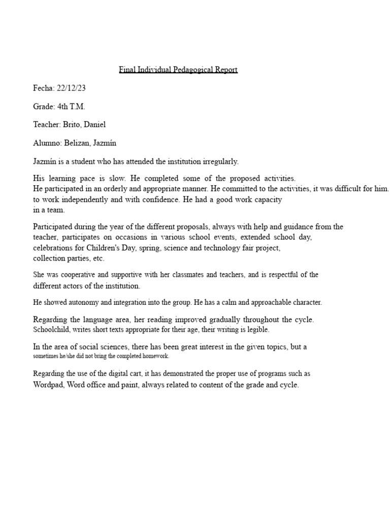 Final Individual Pedagogical Report 4th grade 2023 | PDF | Pedagogy ...