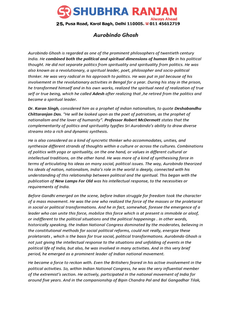 Aurobindo Ghosh: Politics and Spirituality | PDF | Sri Aurobindo ...