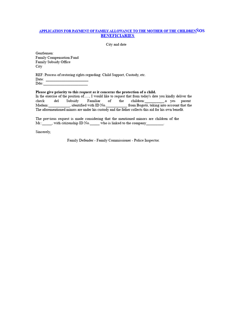 Application For Payment of Family Subsidy To The Mother of The ...