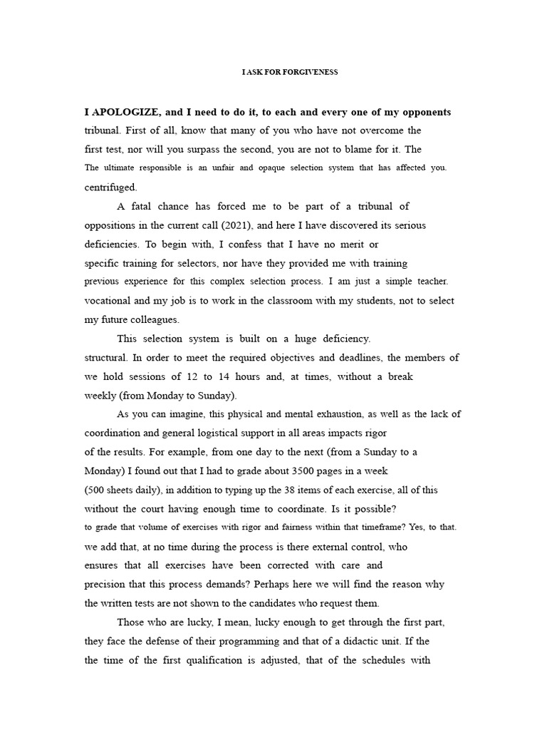 I ASK FOR FORGIVENESS - Letter From Ismael Ramos | PDF