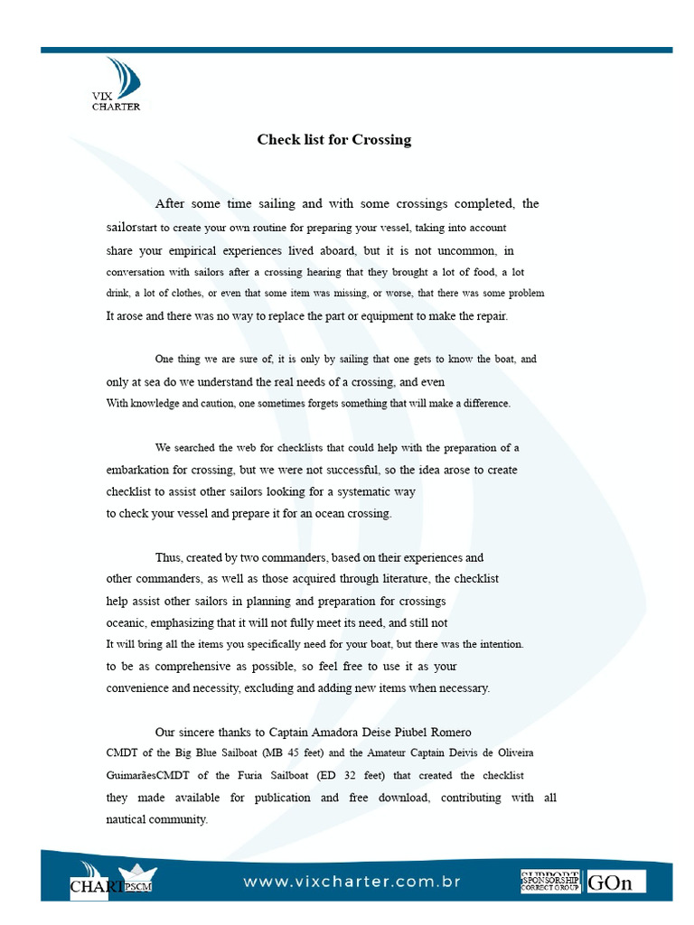 Check-list for Crossing 1 | PDF | Navigation | Sailor