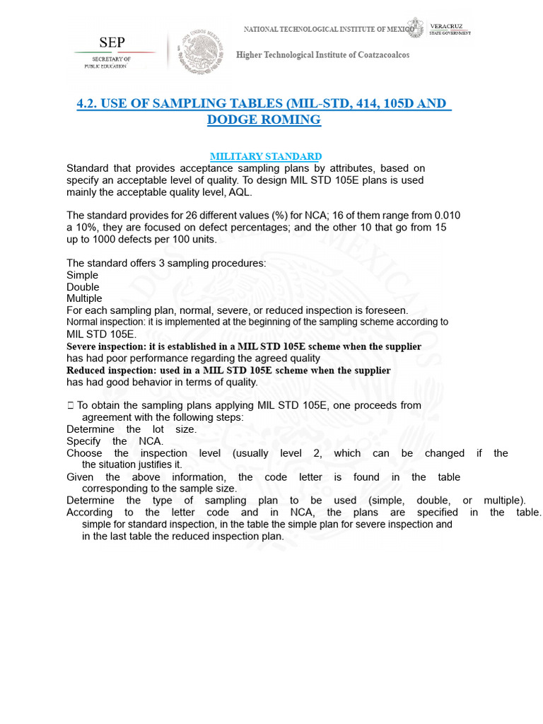4.2. Use of Sampling Tables (Mil-Std, 414, 105d and Dodge Roming) | PDF ...