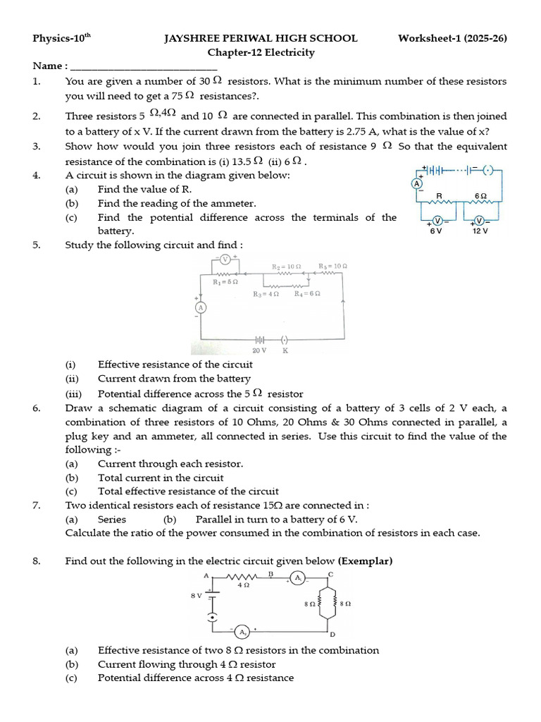 10th Grade Physics Worksheet on Electricity | PDF | Series And Parallel ...