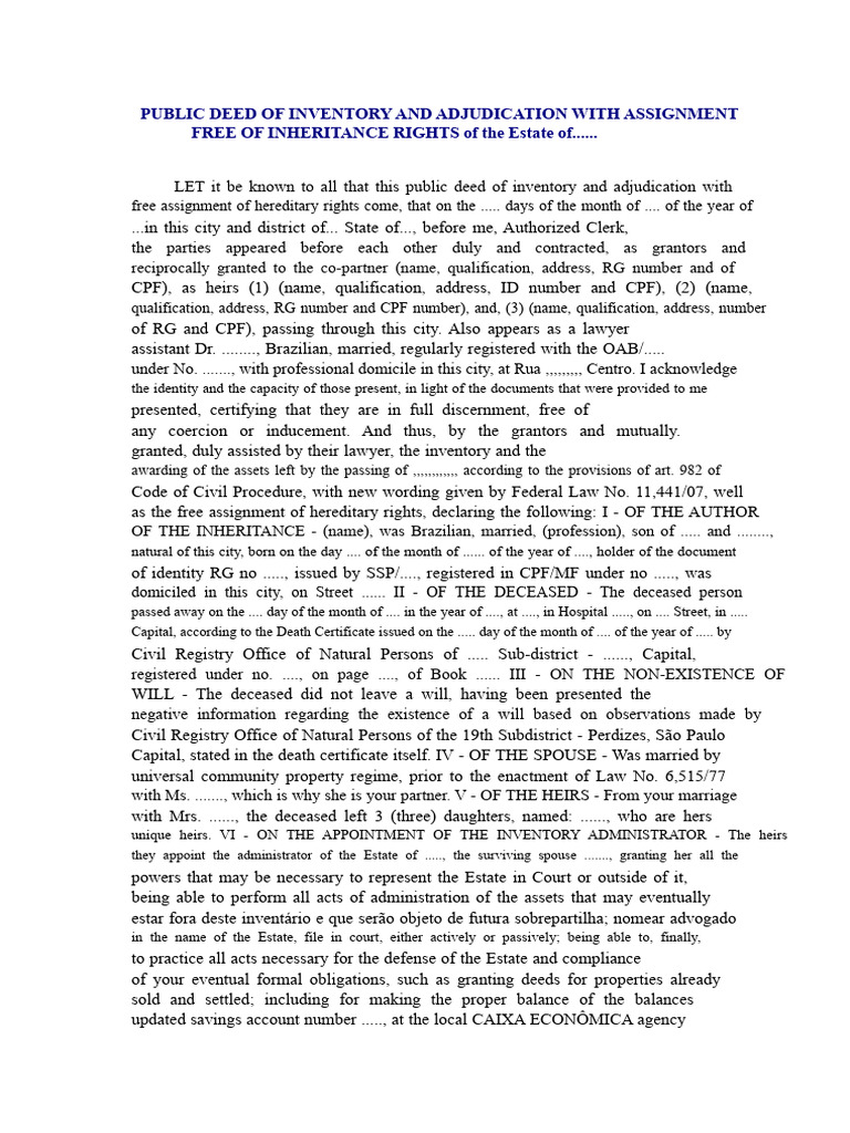 Public Deed of Inventory and Adjudication With Free Assignment of ...