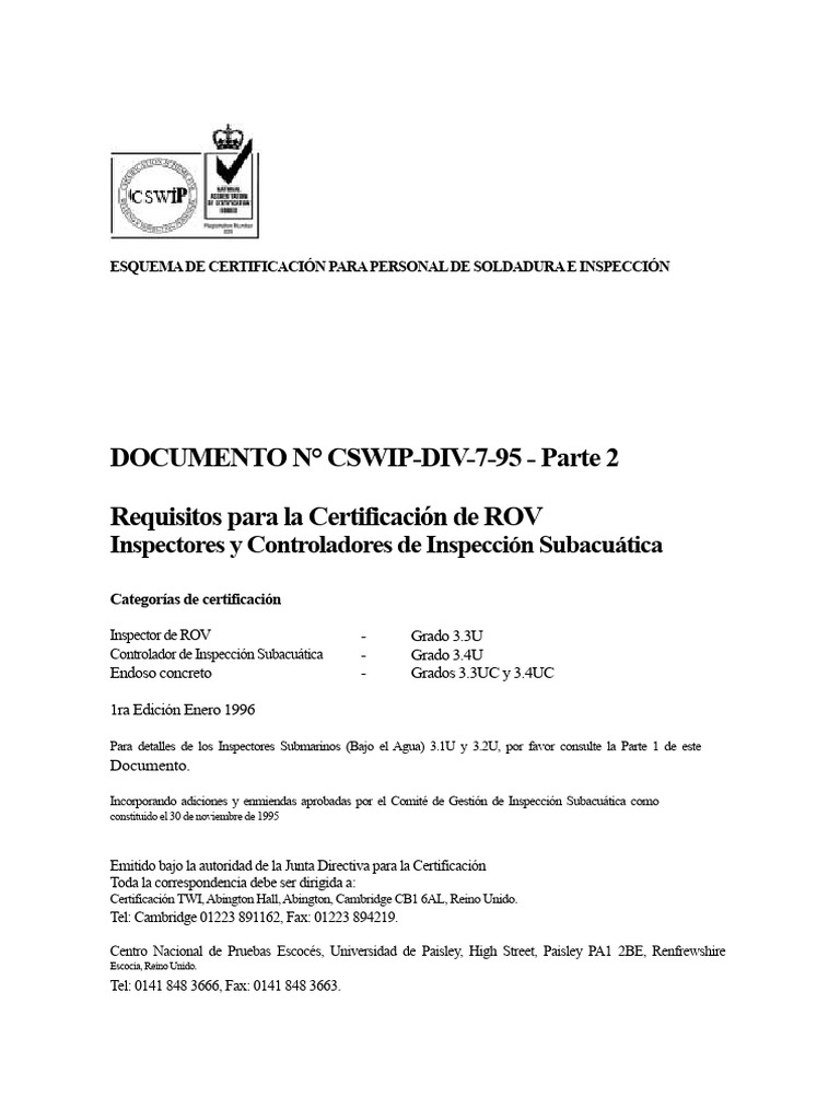 Certificación CSWIP para Inspectores ROV | PDF | Corrosión | Ultrasonido