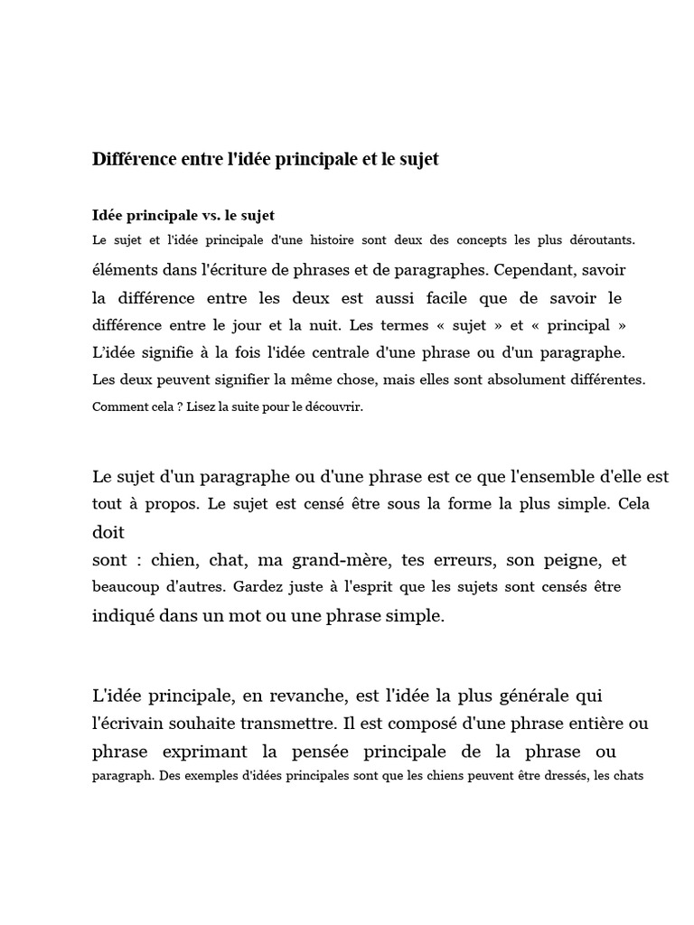 Sujet et idée principale : différences clés | PDF | Sujet (Grammaire ...