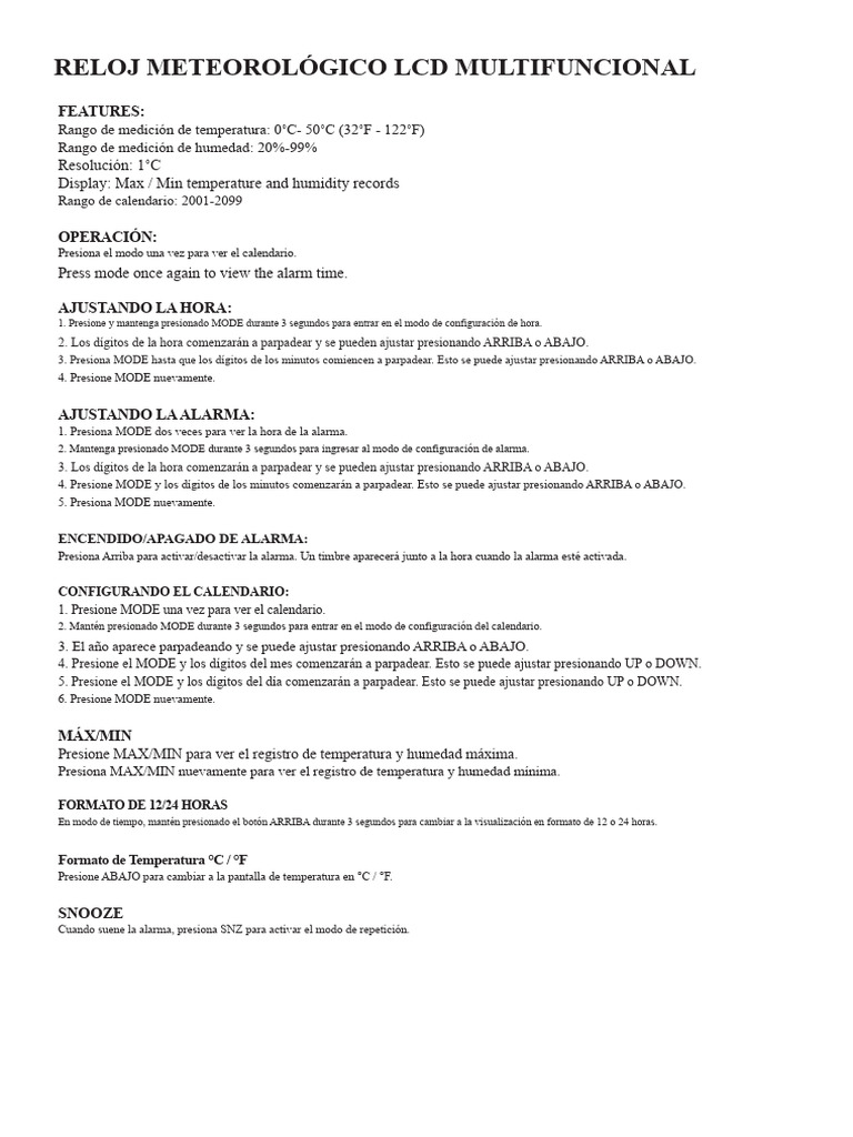 Reloj Ultrónico CL-266 - Instrucciones | PDF