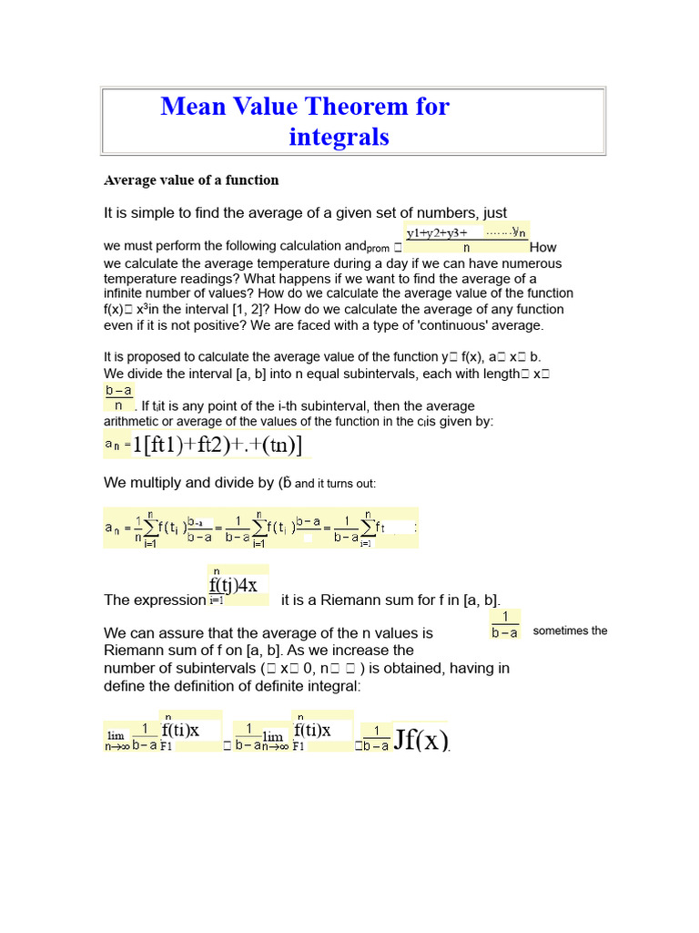 Mean Value Theorem For Integrals | PDF | Integral | Function (Mathematics)