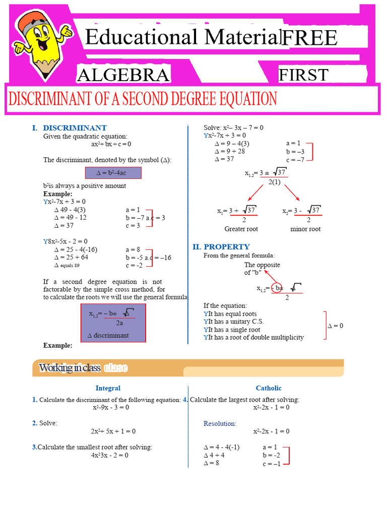 Discriminant of A Quadratic Equation For First Year of Secondary School ...