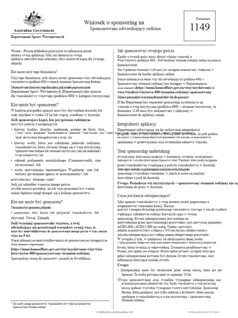 Formularz 1149 Wiza Dla Odwiedzających Australię (Wsparcie Rodzinne) | PDF