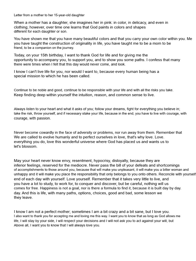 Letter From A Mother To Her 15-Year-Old Daughter. | PDF