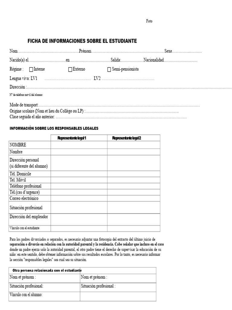 Ficha de Información del Estudiante | PDF