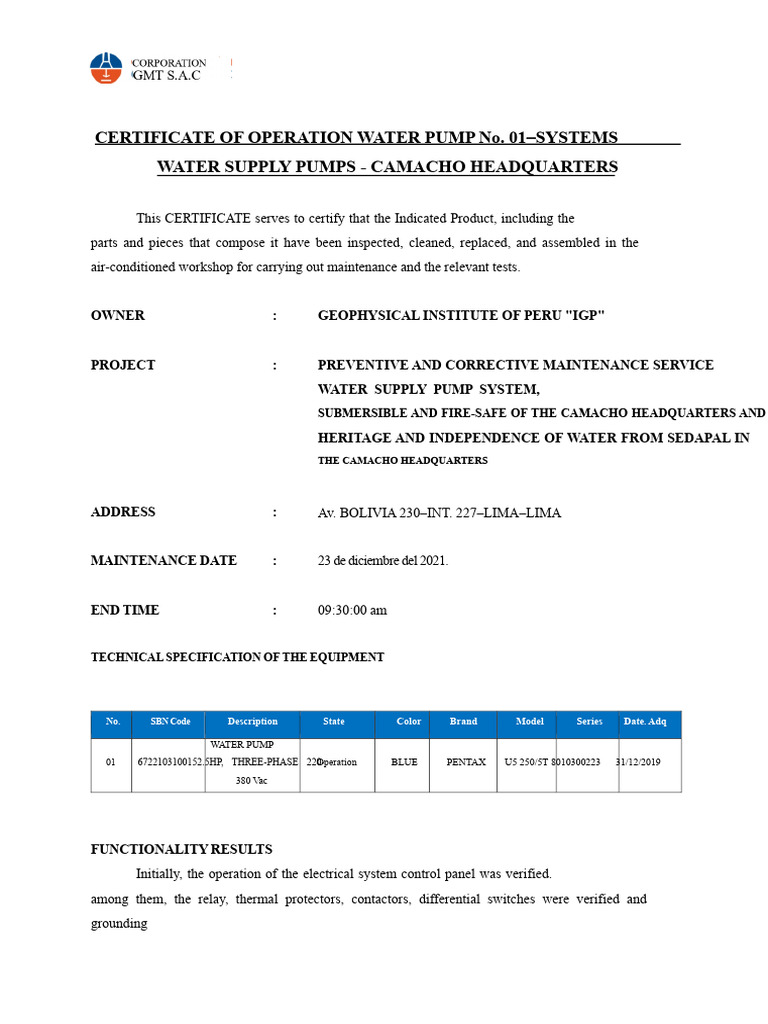 Water Pump Operation Certificate IGP | PDF | Insulator (Electricity ...
