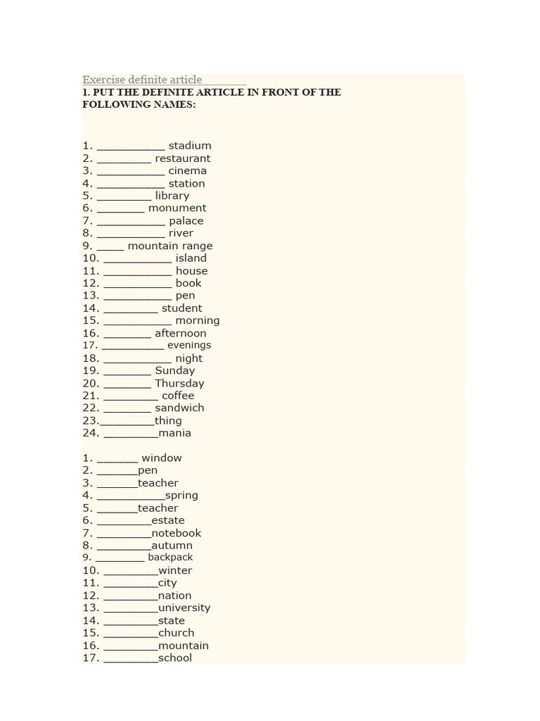 New exercise on definite articles | PDF | Italy