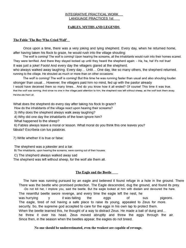 INTEGRATED WORK LANGUAGE PRACTICES LEGEND FABLE AND MYTH | PDF ...