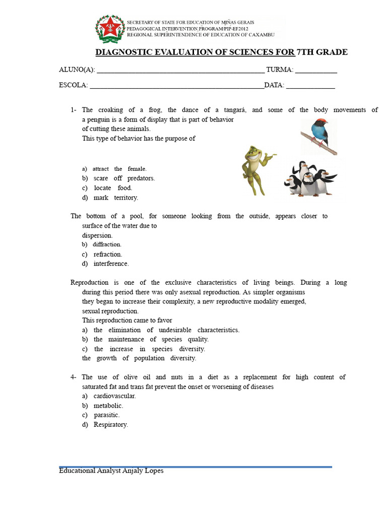 7th Grade Science Diagnostic Evaluation | PDF | Gastrointestinal Tract ...