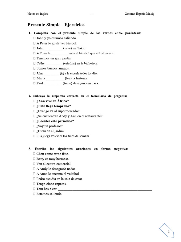 Ejercicios de Presente Simple | PDF