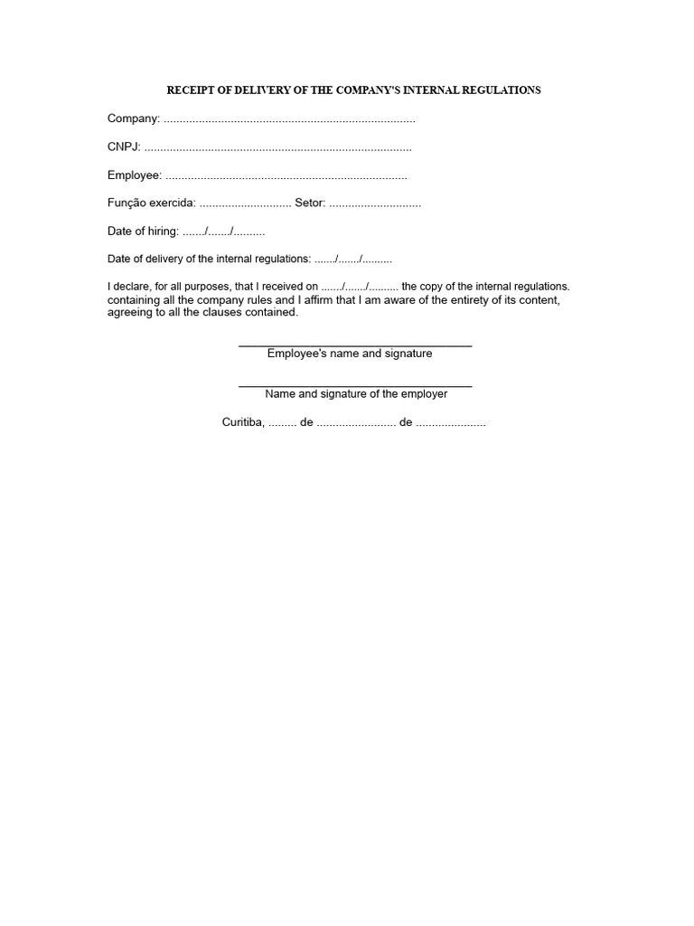 Receipt of Delivery of The Internal Regulations of The Company Rafael | PDF