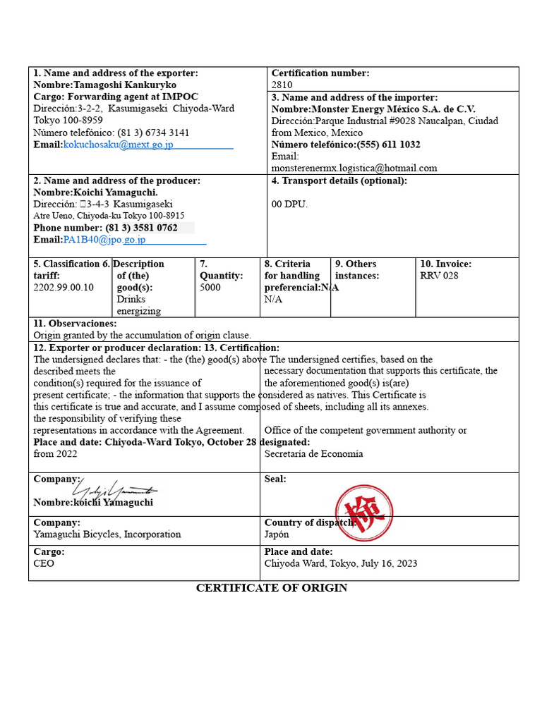 Certificate of Origin for Energy Drinks | PDF | International Trade ...