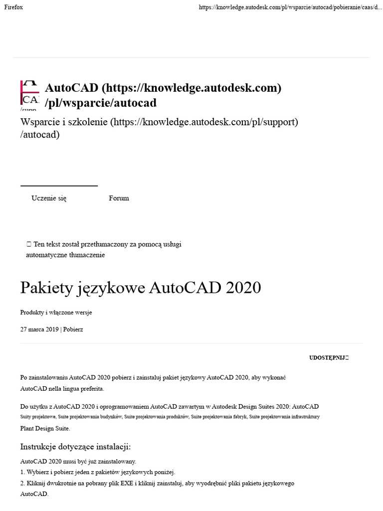 Pakiety językowe AutoCAD 2020 AutoCAD 2020 Autodesk Knowledge Network | PDF