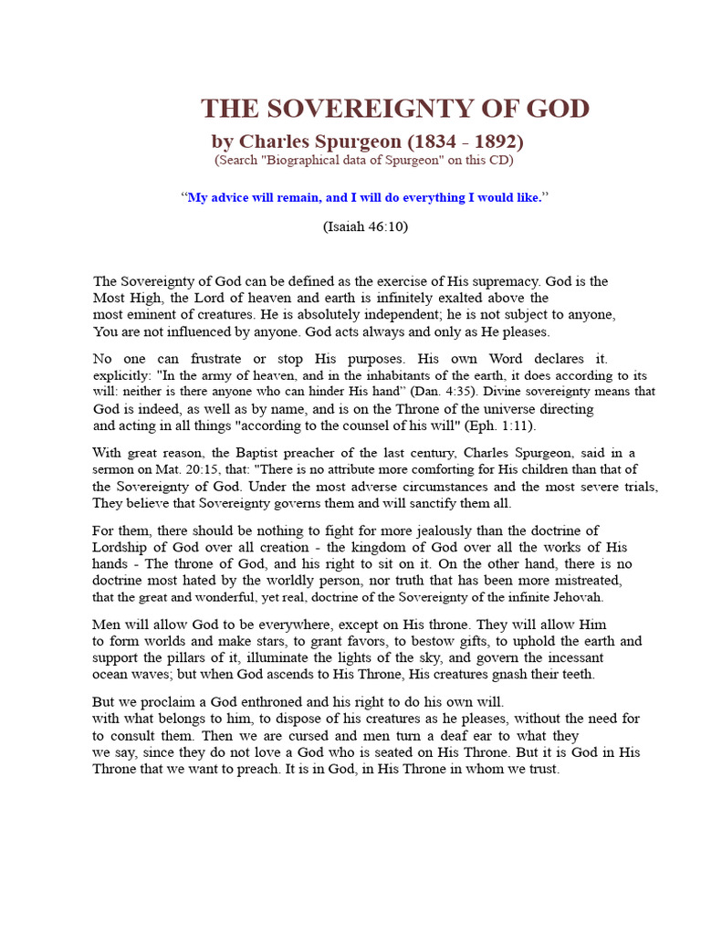 The Sovereignty of God, by Charles Spurgeon (1834-1892) | PDF | God | Adam