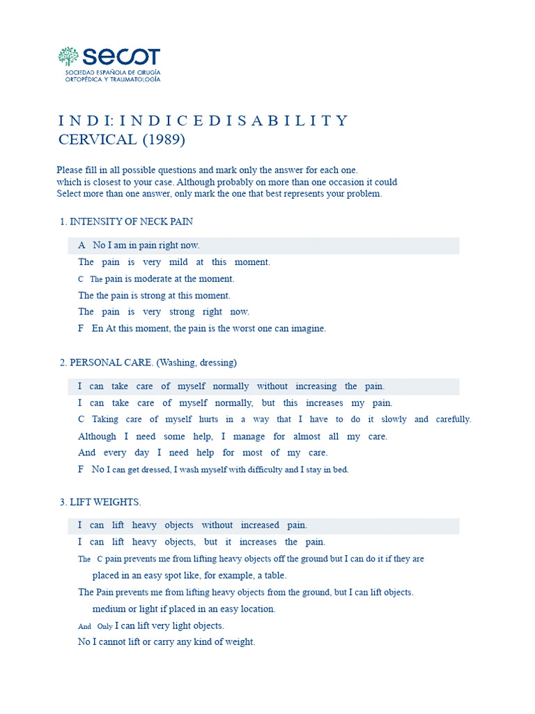 Cervical Disability Index Questionnaire | PDF | Pain | Headache