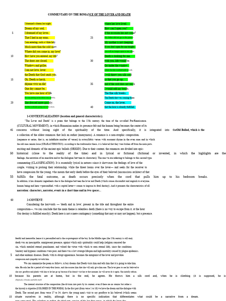 Commentary On The Romance "The Lover and Death" | PDF | Rhyme | Grammar