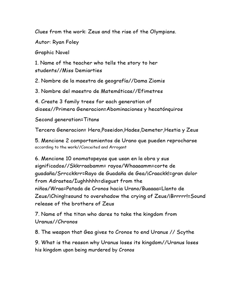 Clues from the work (Zeus and the Rise of the Olympians) 6th | PDF ...