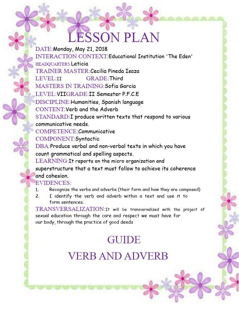 LESSON PLAN Verb and Adverb | PDF | Verb | Adverb