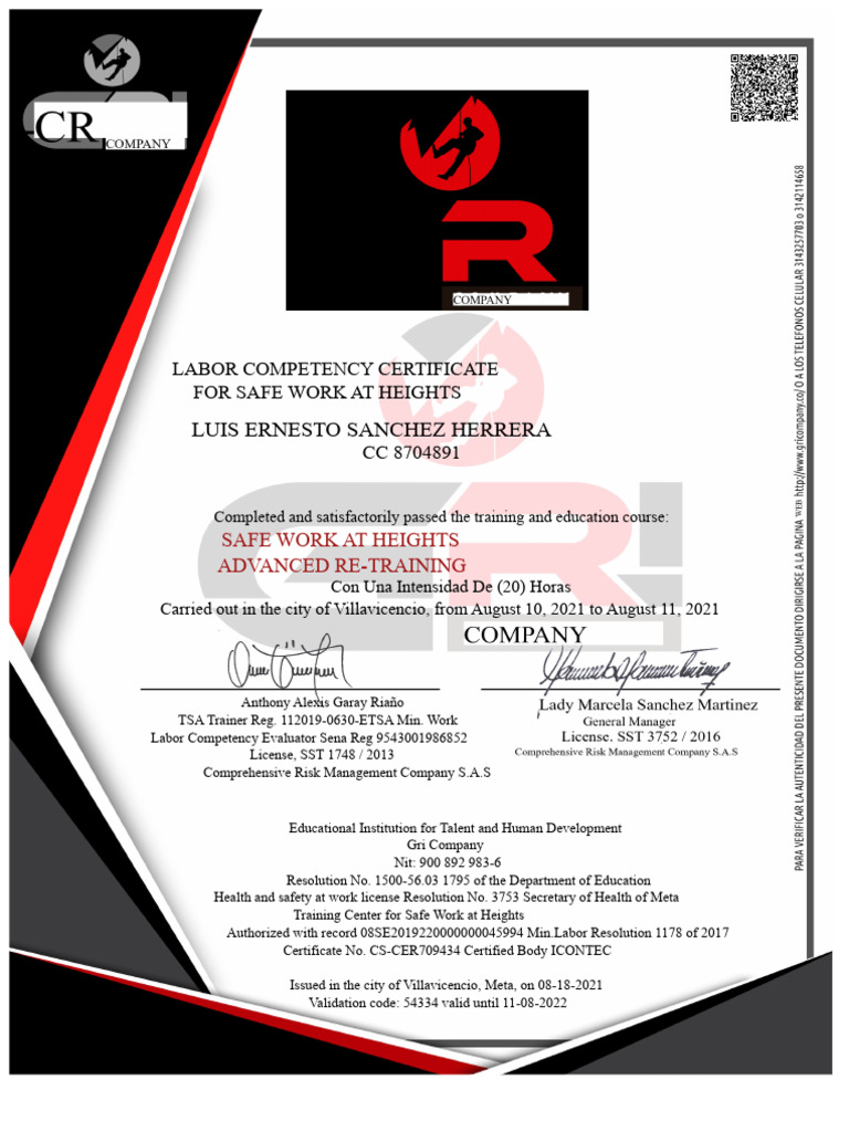 Labor Competency Certificate: Safe Work at Heights | PDF