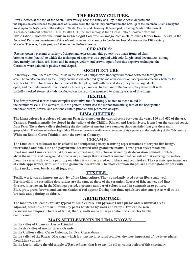 THE RECUAY AND LIMA CULTURE (1) | PDF | Pottery