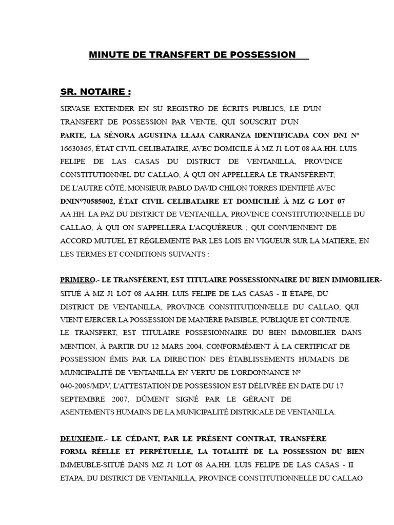 Transfert de possession immobilier à Ventanilla | PDF