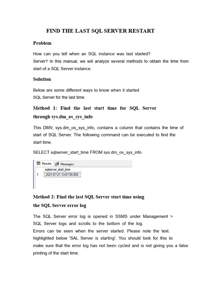 FIND THE LAST SQL SERVER RESTART | PDF