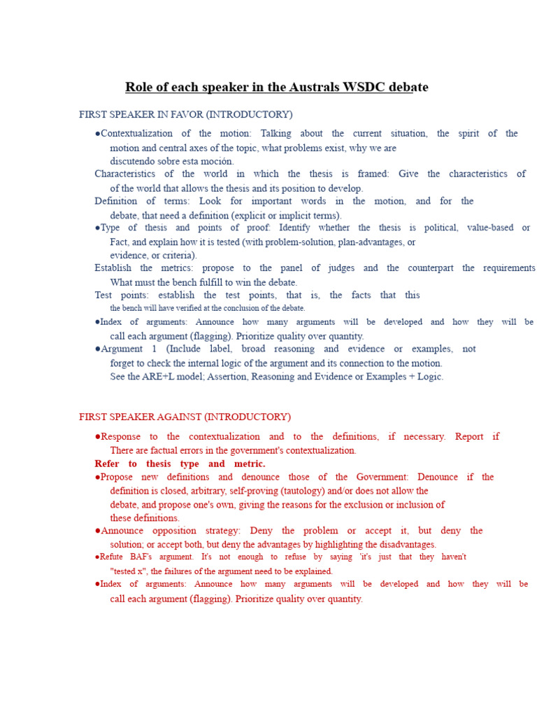 Roles of Speakers in Australs WSDC Debate | PDF | Argument | Evidence