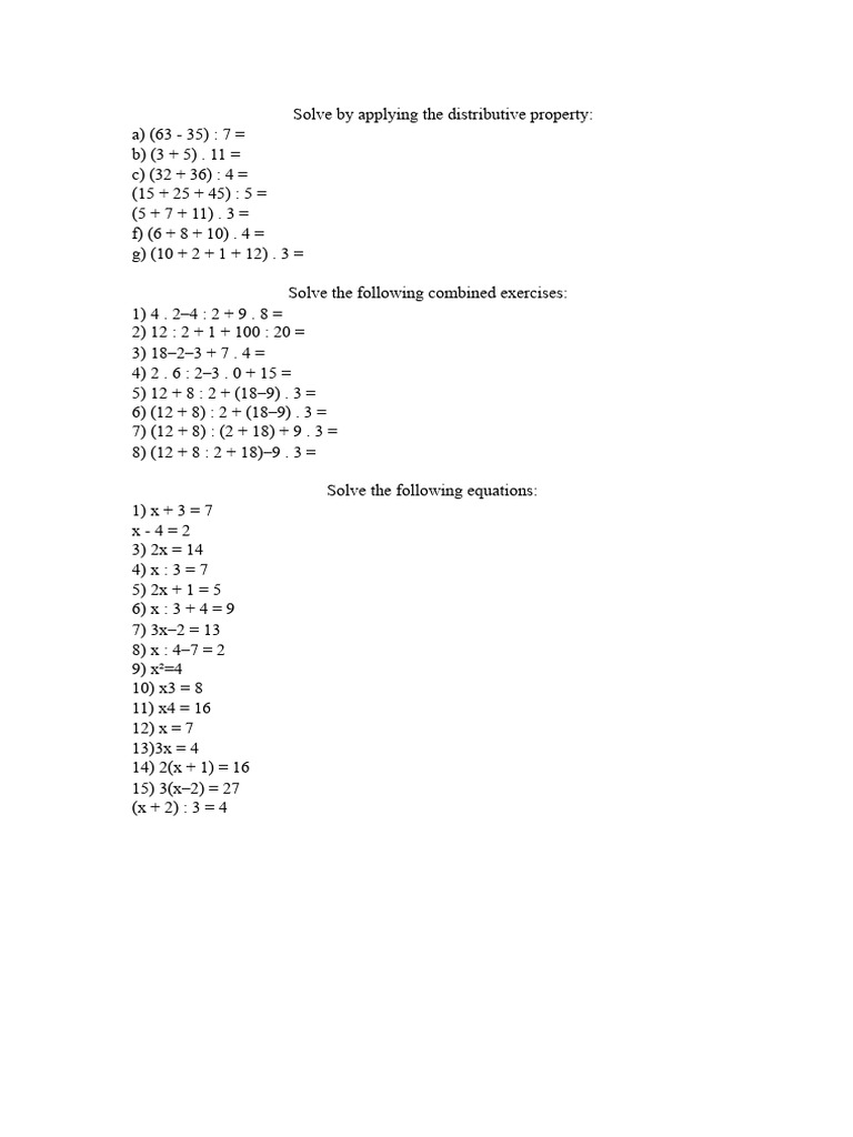 Exercises Solve Applying The Distributive Property | PDF