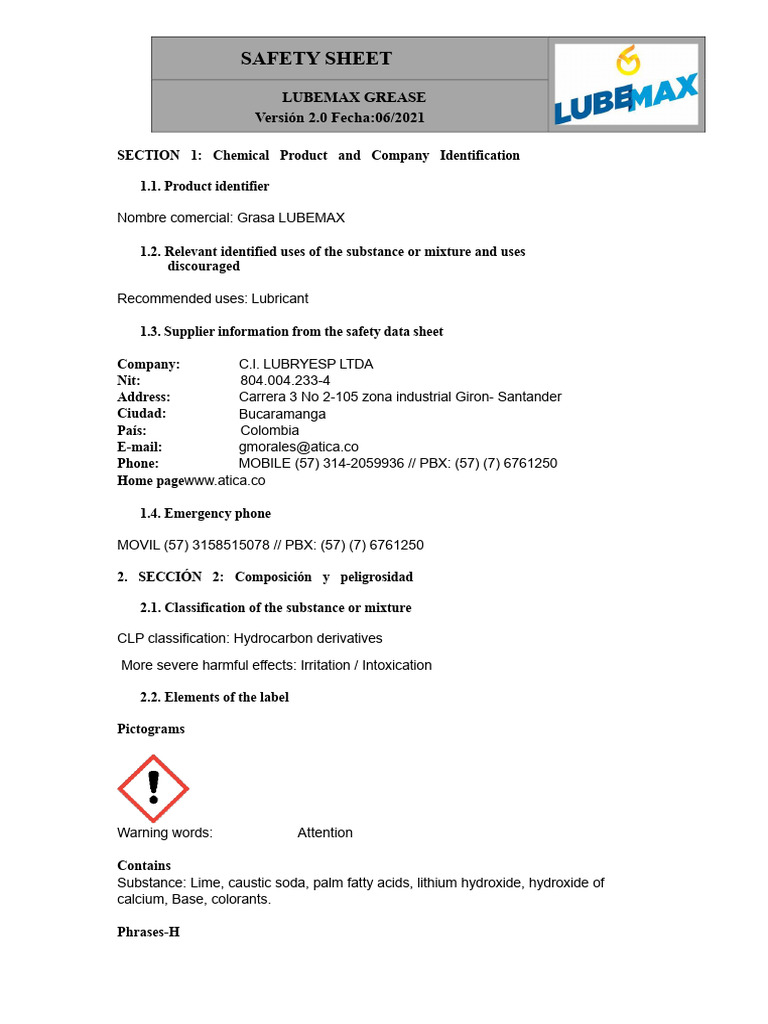 Safety Data Sheet Lubemax Greases. | PDF | Firefighting | Combustion