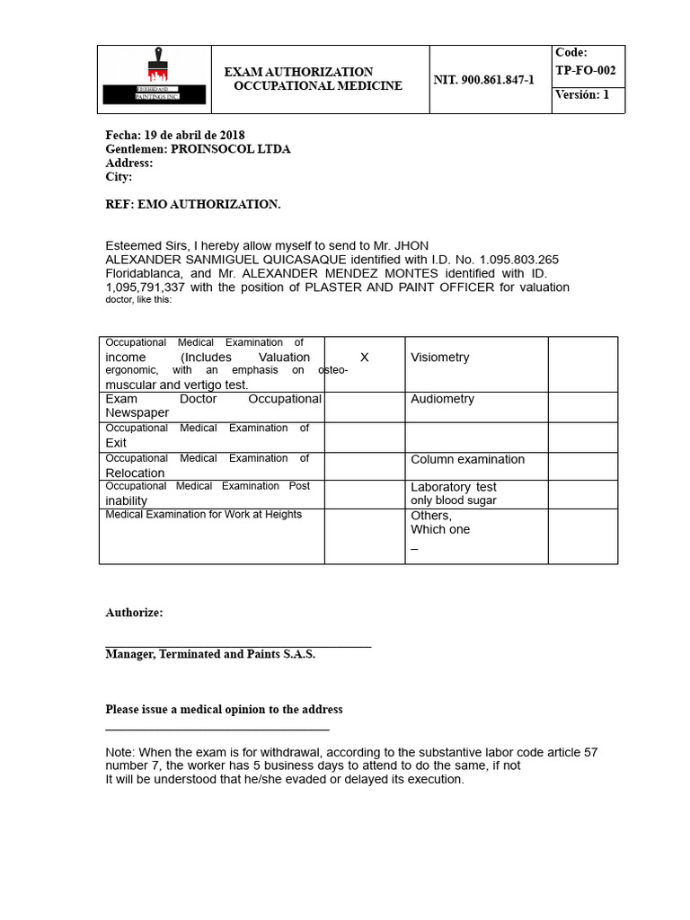 Occupational Medicine Exam Authorization | PDF
