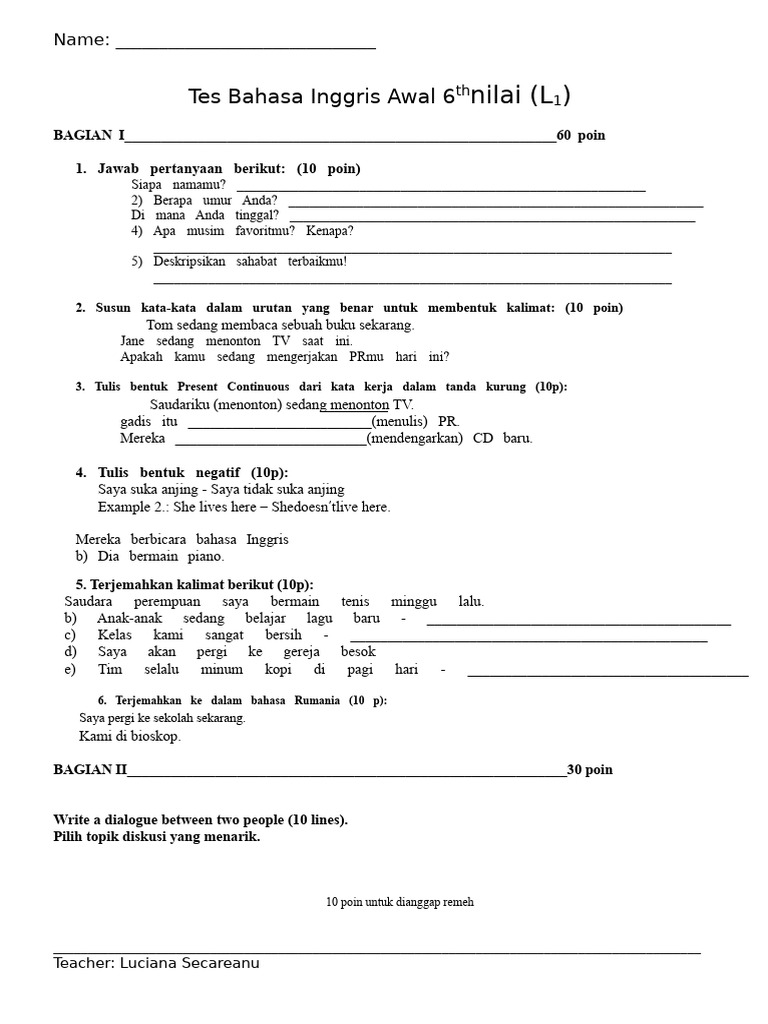Tes Bahasa Inggris Awal untuk Siswa | PDF