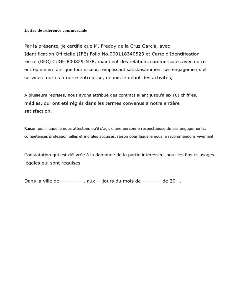 Lettre de référence pour fournisseur fiable | PDF