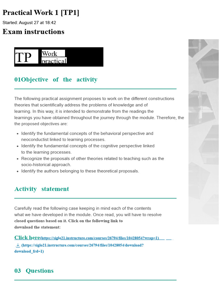 Exam Practical Work 1 (TP1) PSYCHOLOGY OF LEARNING 80% | PDF | Learning ...