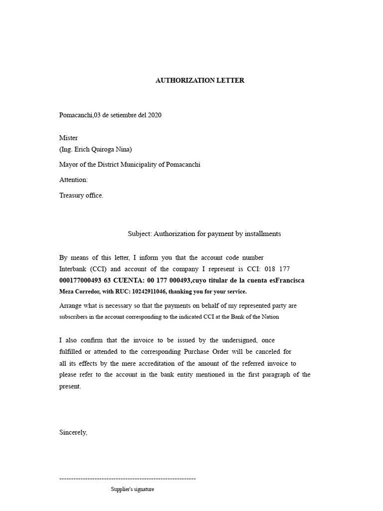 Authorization Letter for Payment Installments | PDF