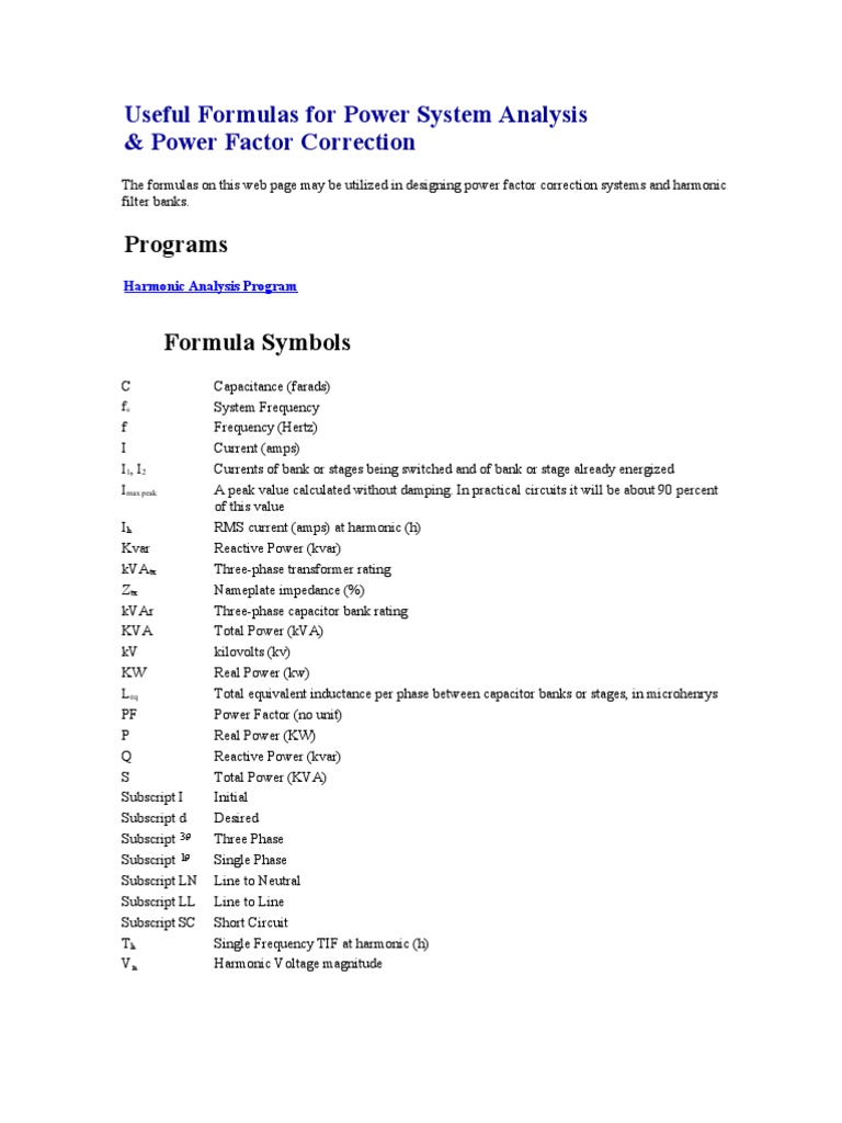 Useful Formulas For Power System Analysis | PDF | Ac Power | Capacitor