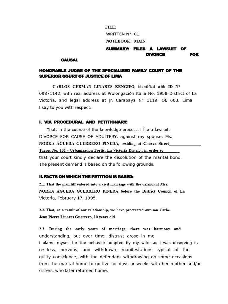 Divorce Petition Adultery | PDF | Divorce | Complaint