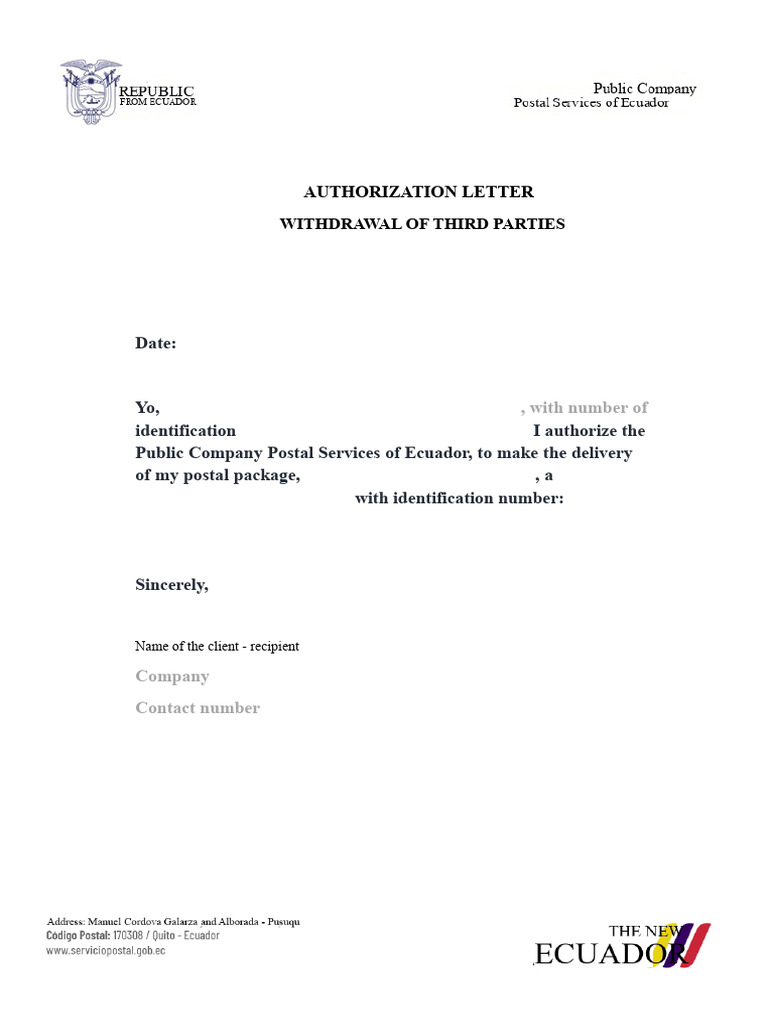 Letter Format of Authorization For Withdrawal by Third Parties | PDF