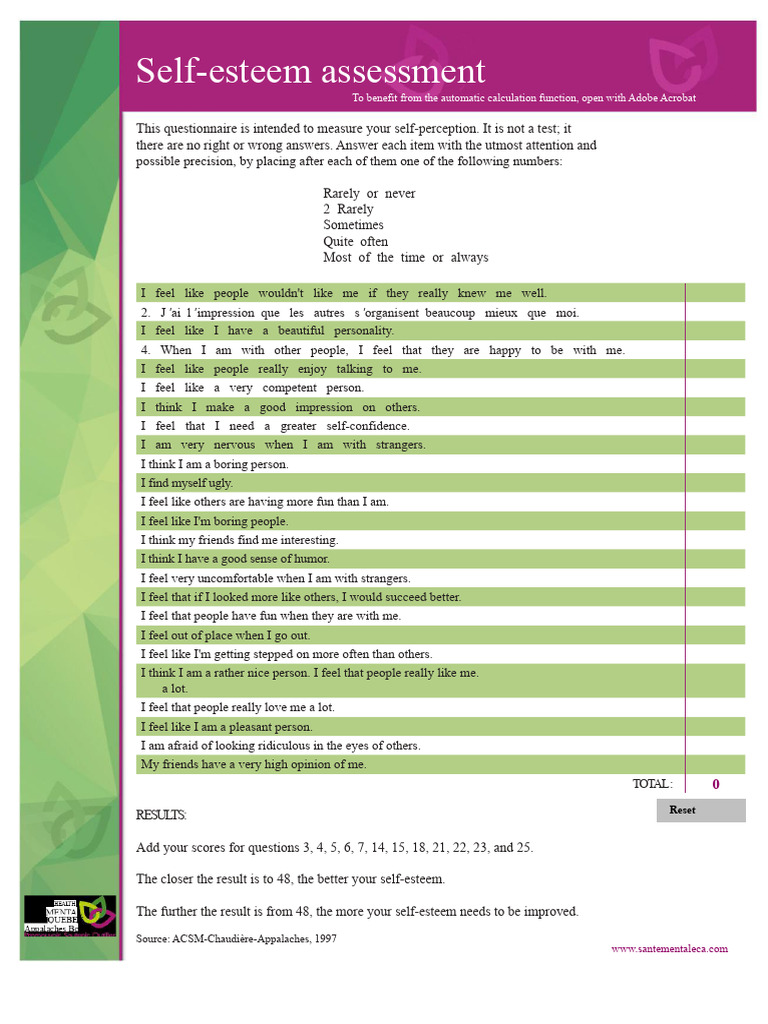 Self-Esteem Assessment Questionnaire | PDF