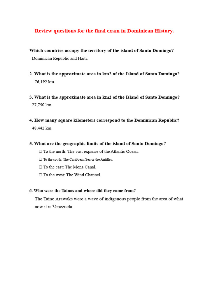 Review Questions For The Final Exam of Dominican History | PDF