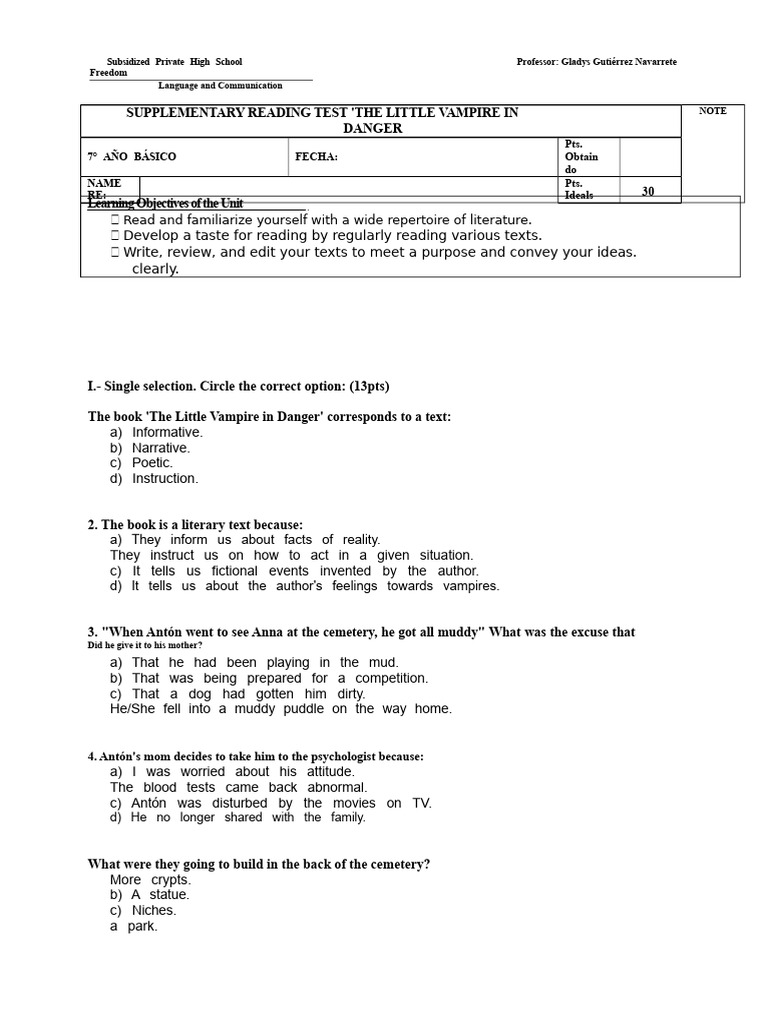 Reading Comprehension: The Little Vampire | PDF